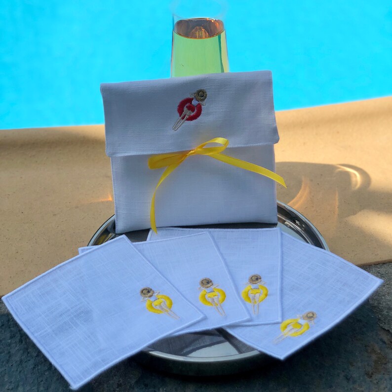Embroidered Pool Party Linen Cocktail Napkin Set Girl - Etsy