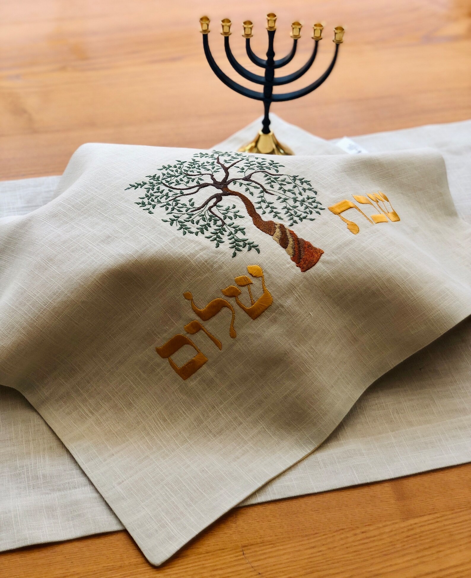 Tree of Life Personalized Embroidery Shabbat Shalom Beige Linen Challah ...