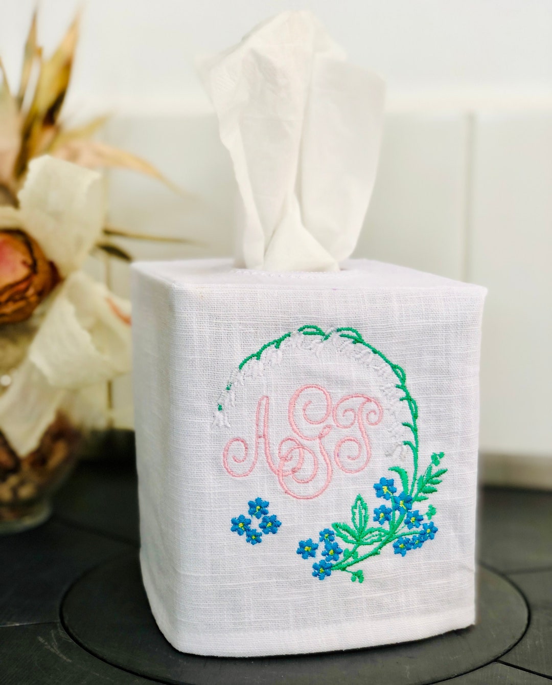 Linen Tissue Box Cover: Monogrammed Embroidered Case - Etsy