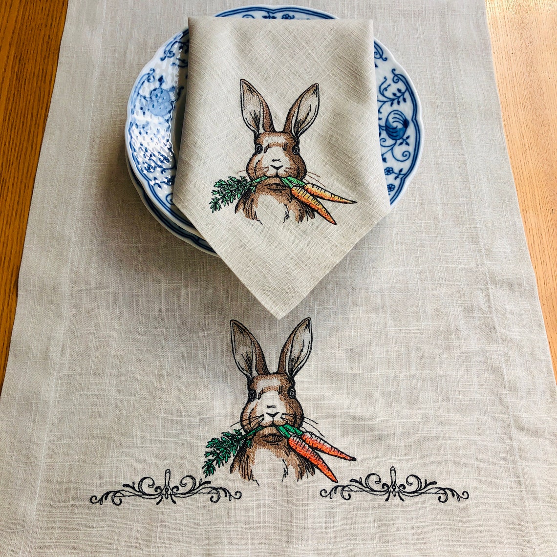 Embroidered Easter Table Runner Beige Linen Mr Bun Carrot - Etsy
