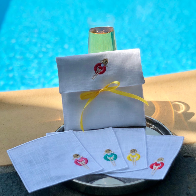 Embroidered Pool Party Linen Cocktail Napkin Set Girl - Etsy