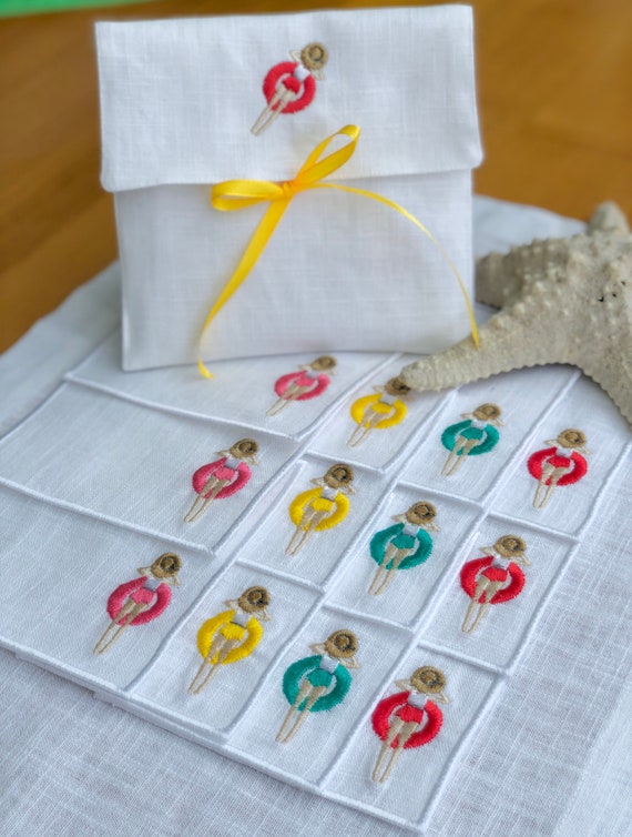 Embroidered Pool Party Linen Cocktail Napkin Set Girl - Etsy