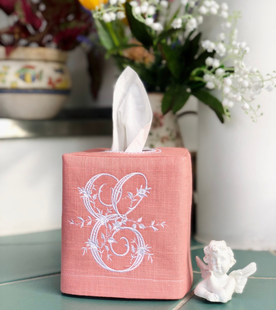 Monogrammed Linen Tissue Box Cover: French Floral Embroidery - Etsy
