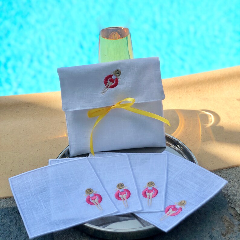 Embroidered Pool Party Linen Cocktail Napkin Set Girl - Etsy