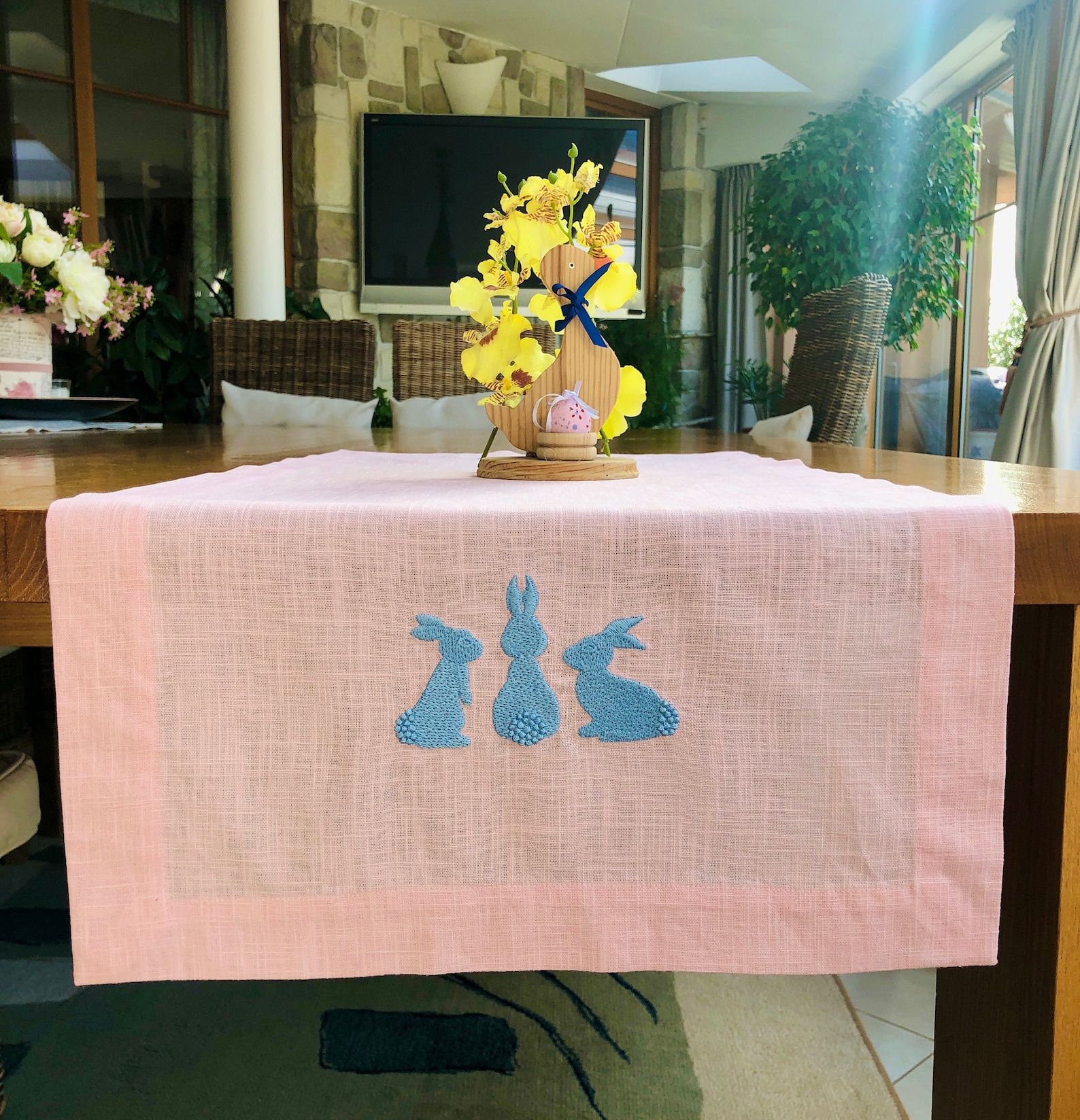 Embroidered Easter Bunny Trio Table Runner, White Linen Fabric Table ...