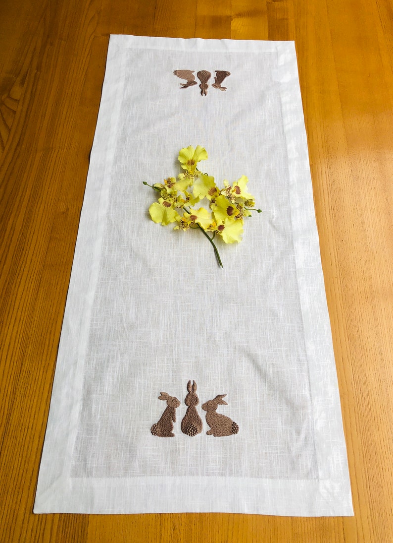 Embroidered Easter Bunny Trio Table Runner, White Linen Fabric Table ...