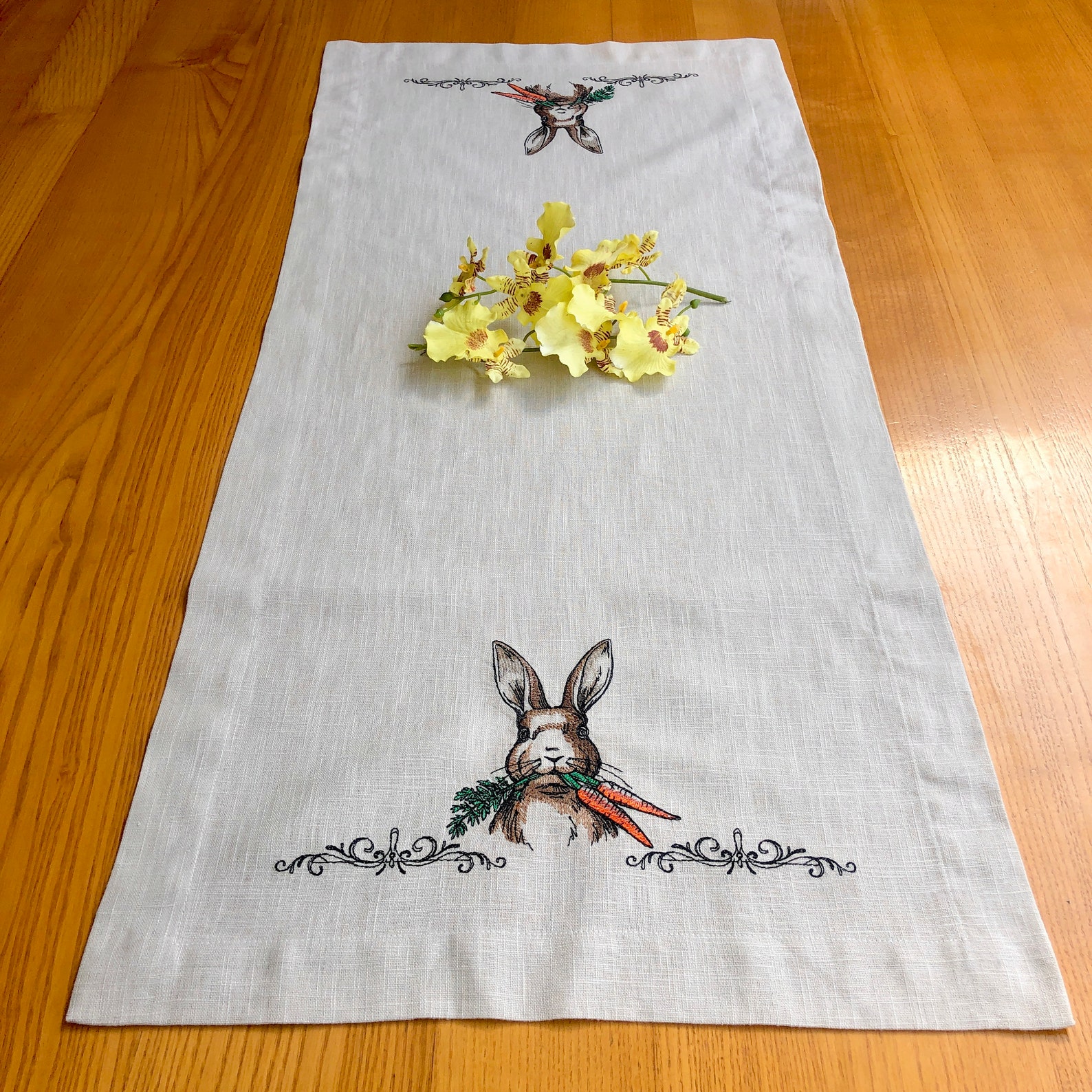 Embroidered Easter Table Runner Beige Linen Mr Bun Carrot - Etsy