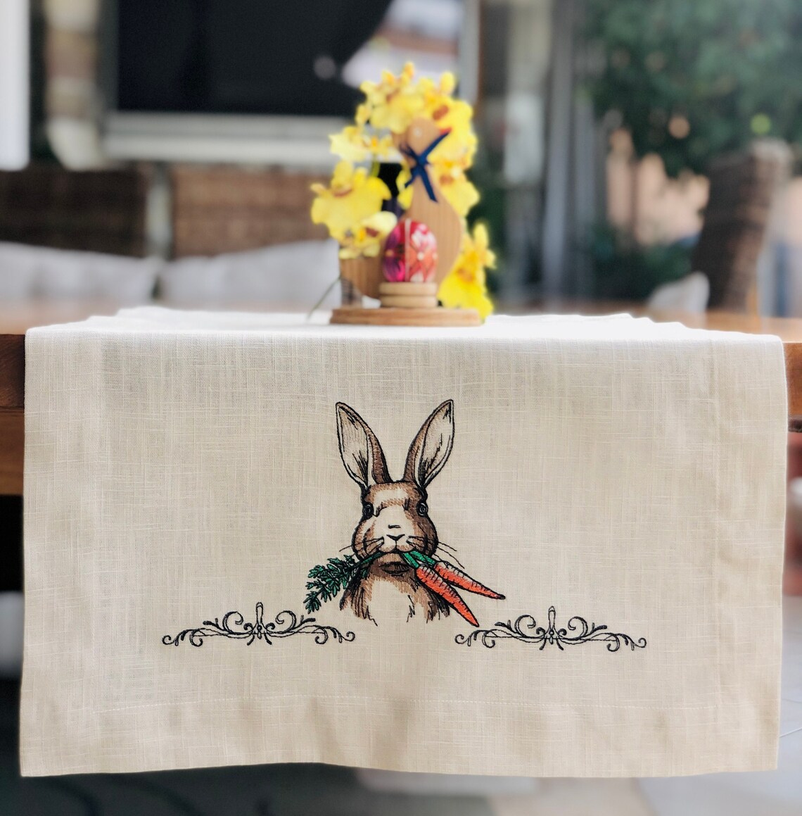 Embroidered Easter Table Runner Beige Linen Mr Bun Carrot - Etsy