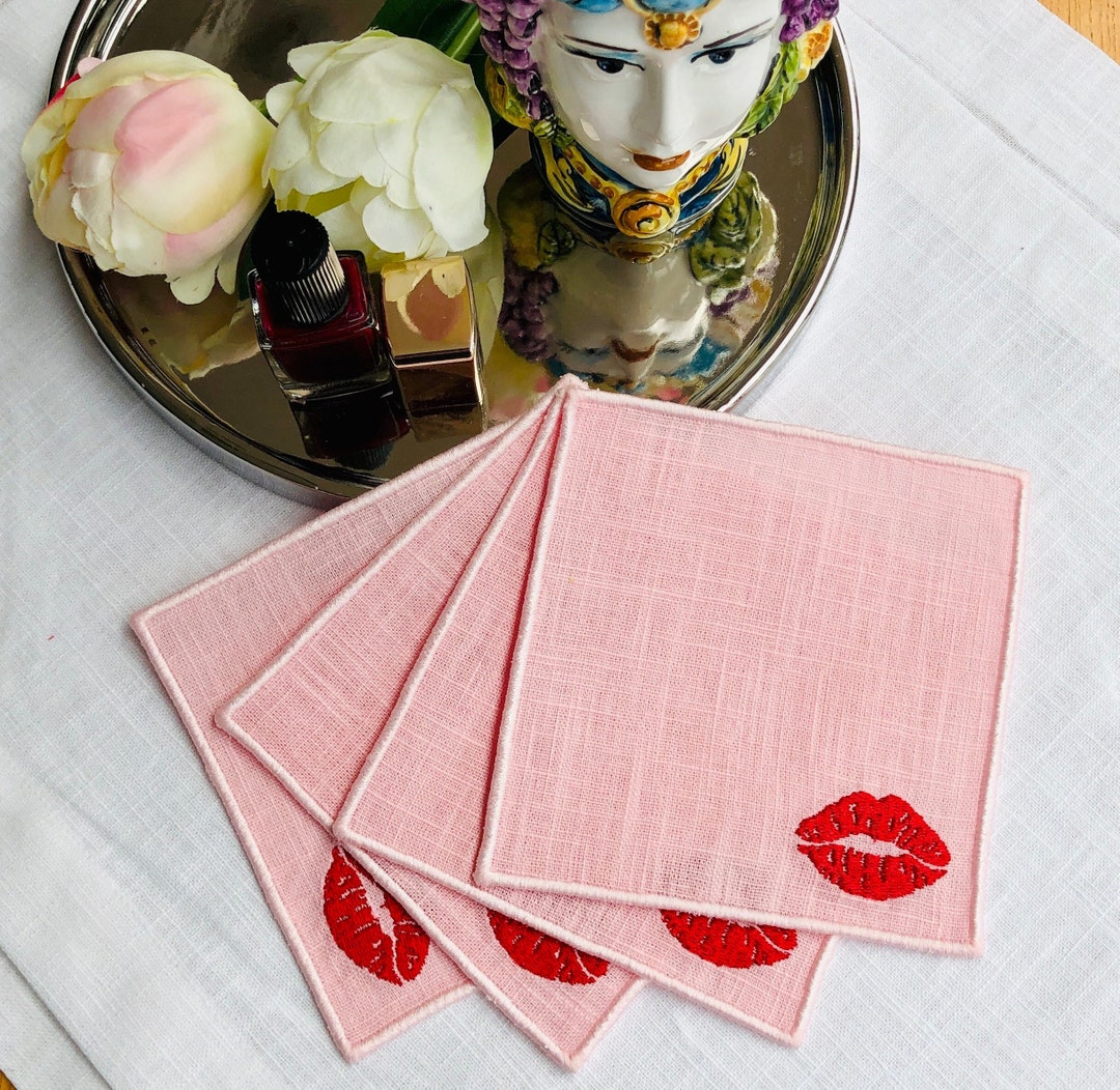 Embroidered Red Lips Linen Cocktail Napkins - Set of 4 - Etsy