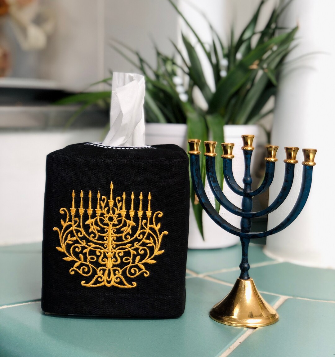 Menorah Embroidered Linen Tissue Box Cover, Monogrammed Tissue Case ...