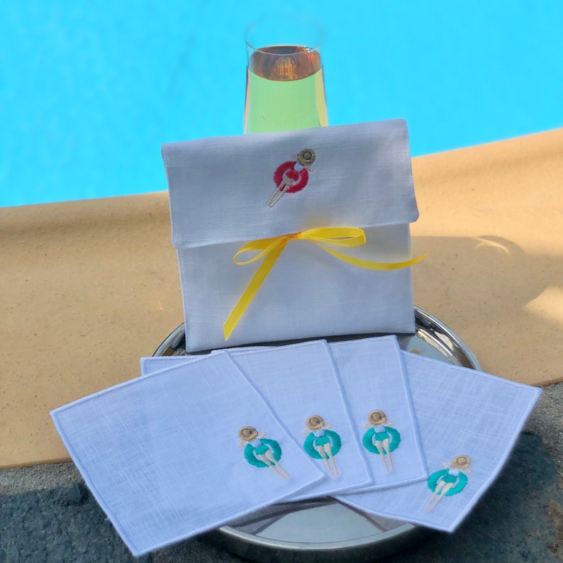 Embroidered Pool Party Linen Cocktail Napkin Set Girl - Etsy