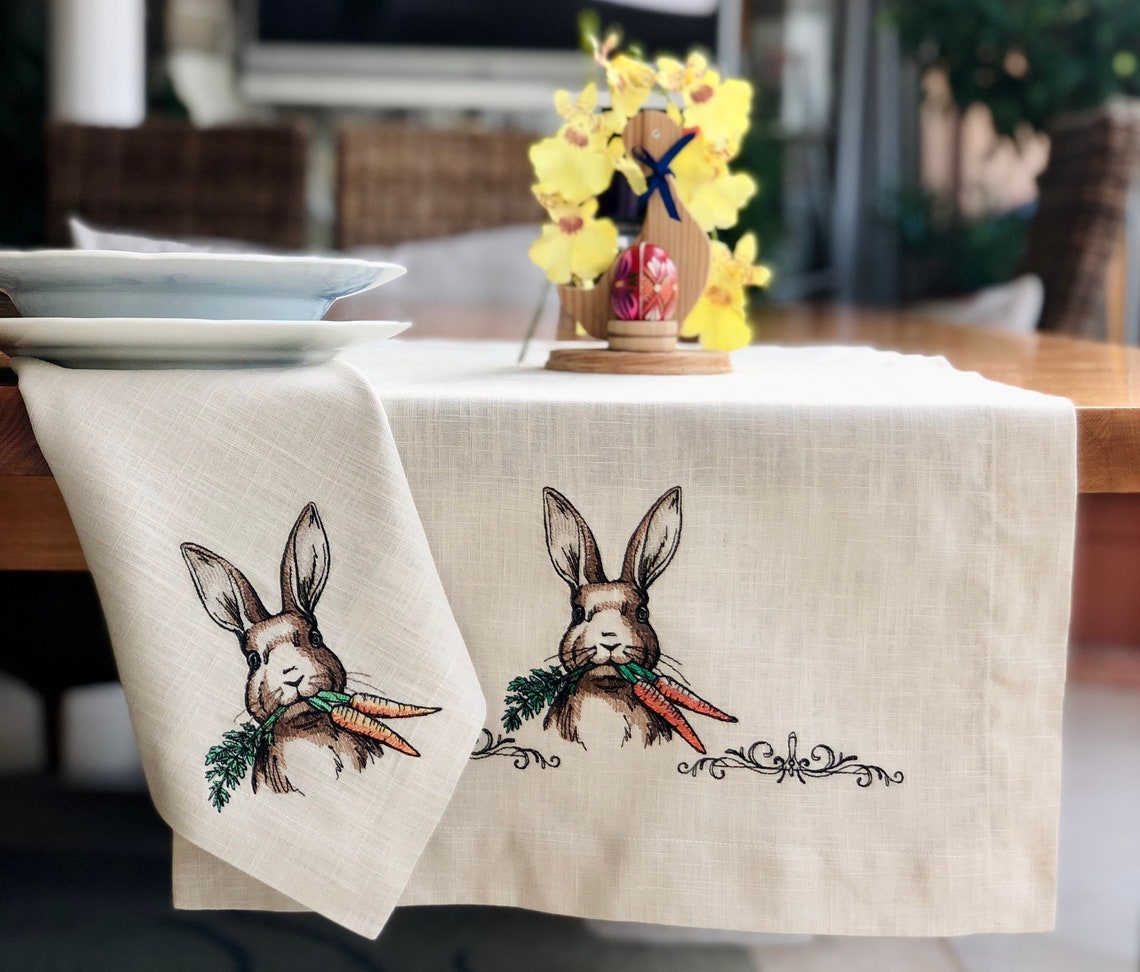 Embroidered Easter Table Runner Beige Linen Mr Bun Carrot - Etsy