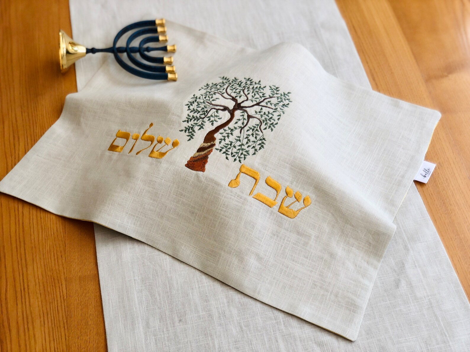 Tree of Life Personalized Embroidery Shabbat Shalom Beige Linen Challah ...