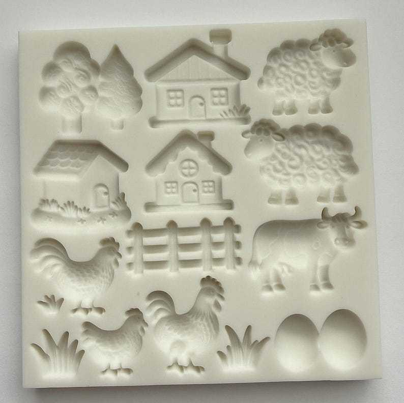 FARM ANIMALS MOLD, Chicken, Sheep, Cow, Trees, Grass, Eggs, Fence ...