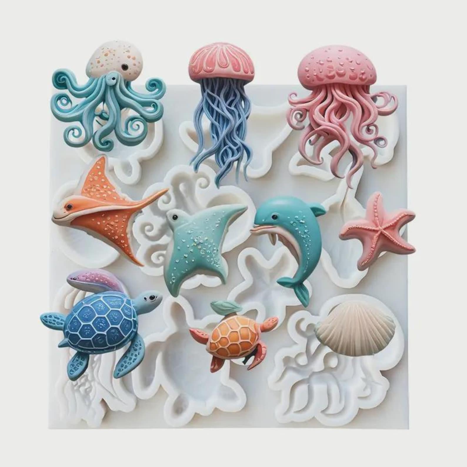 OCEAN CREATURES MOLD, Jellyfish Sea Shell Turtle Dolphin Fondant Mold ...