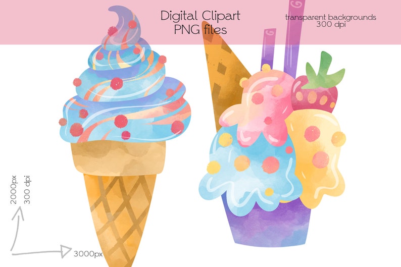 Ice Cream Clipart / Wafer Cone / Summer Sweet Food / PNG Files ...