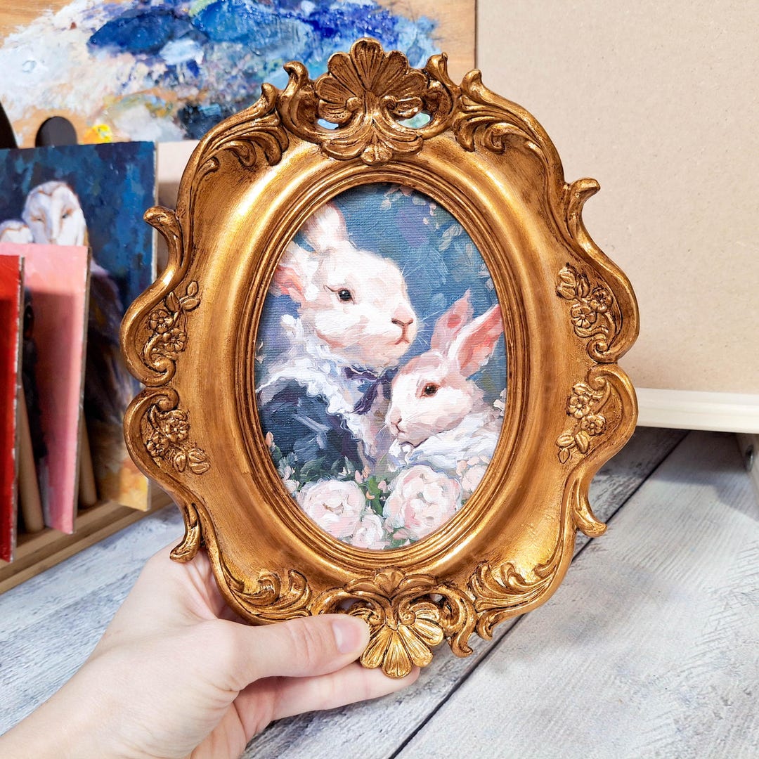 Rabbits Portrait in Oval Gold Frame / Original Oil Painting / Modern ...