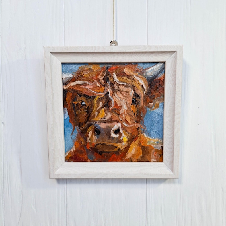 Original Highland Cow Oil Painting, Small Farmhouse Wall Art, Rustic ...