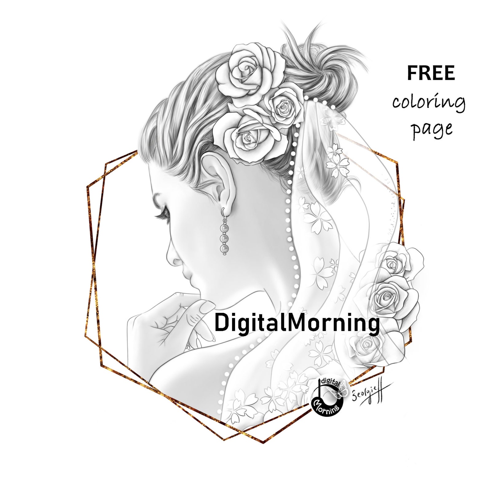 Premium Coloring Page, Grayscale Line Art Coloring Portrait, Wedding ...