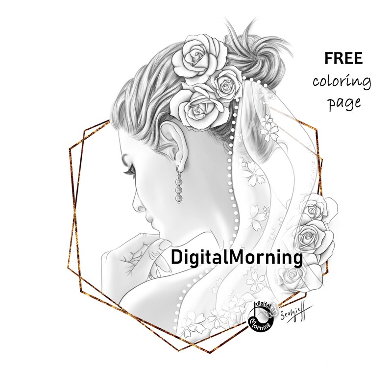 Premium Coloring Page, Grayscale Line Art Coloring Portrait, Wedding ...