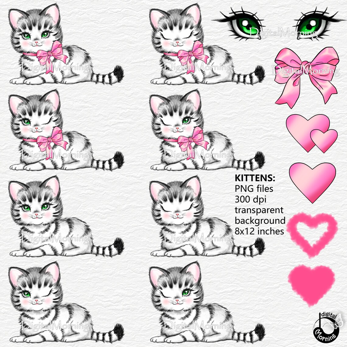 Cute Kitten Clip Art Cat Pink Ribbon and Hearts Clipart - Etsy
