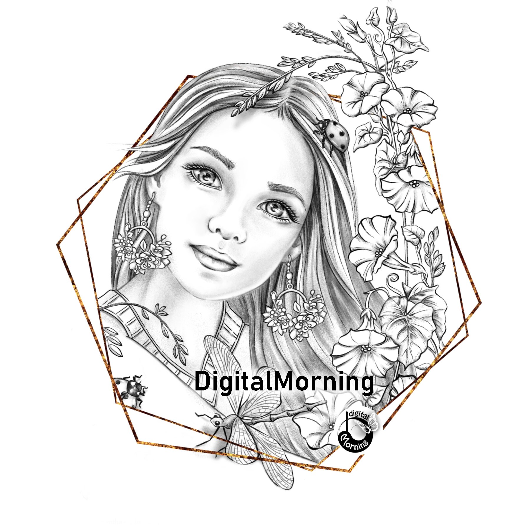 Fantasy grayscale line art flowers dragonfly ladybird ladybug | Etsy