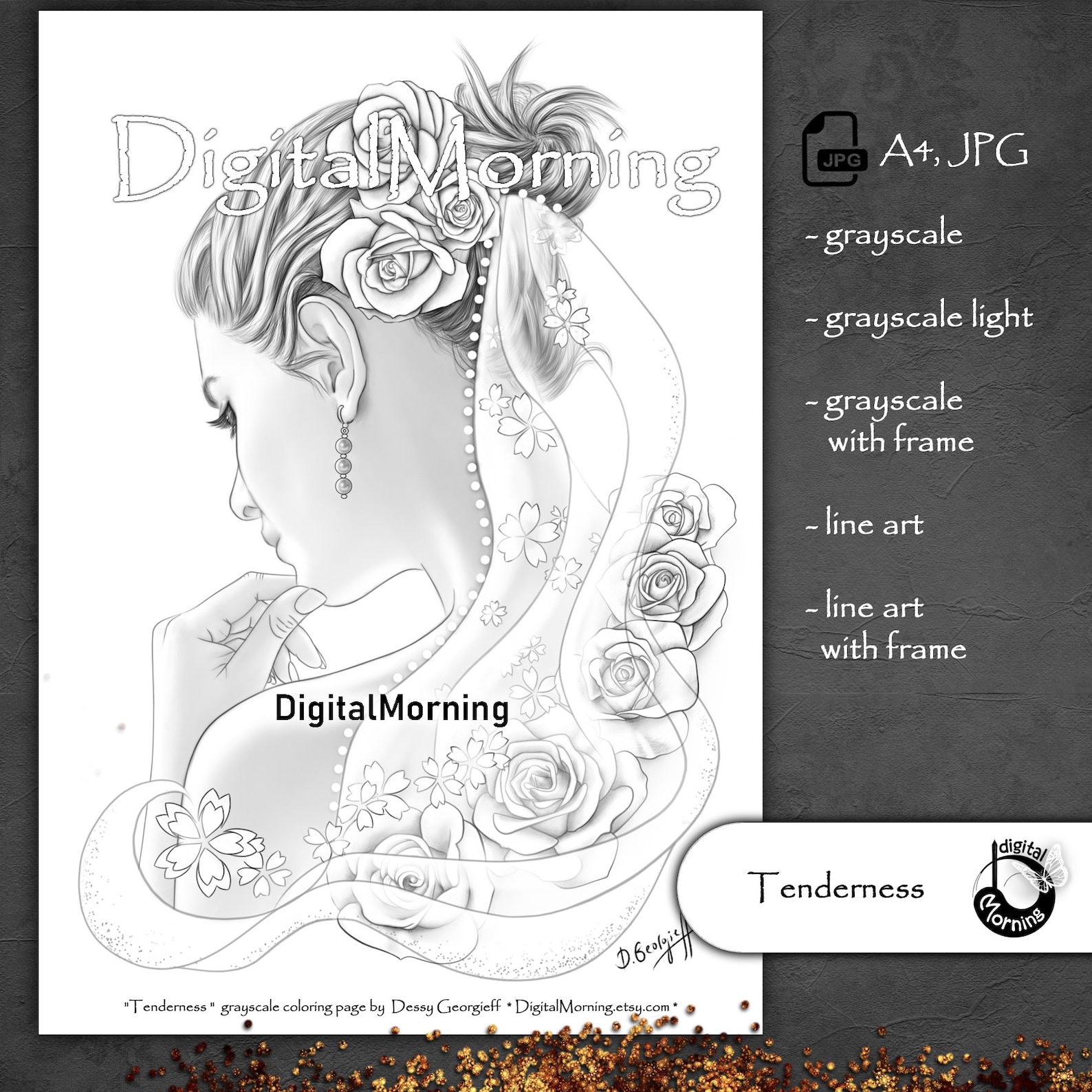 Premium Coloring Page, Grayscale Line Art Coloring Portrait, Wedding ...