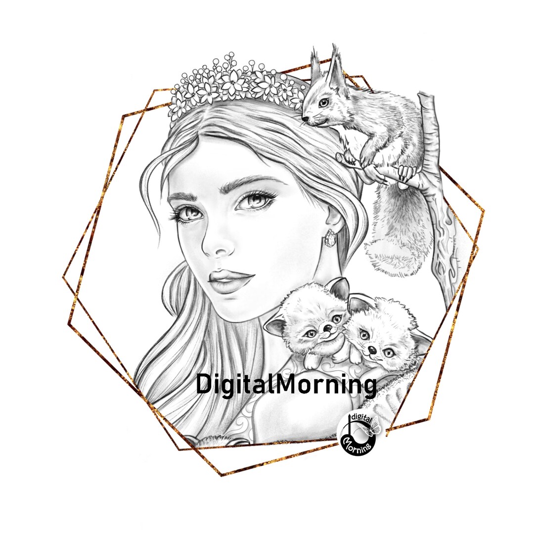 Fantasy Grayscale Coloring Portrait Page, Fox Princess Coloring Page ...