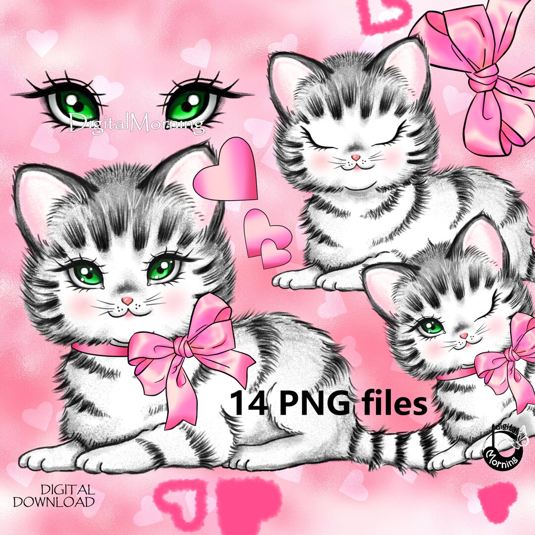 Cute Kitten Clip Art Cat Pink Ribbon and Hearts Clipart - Etsy