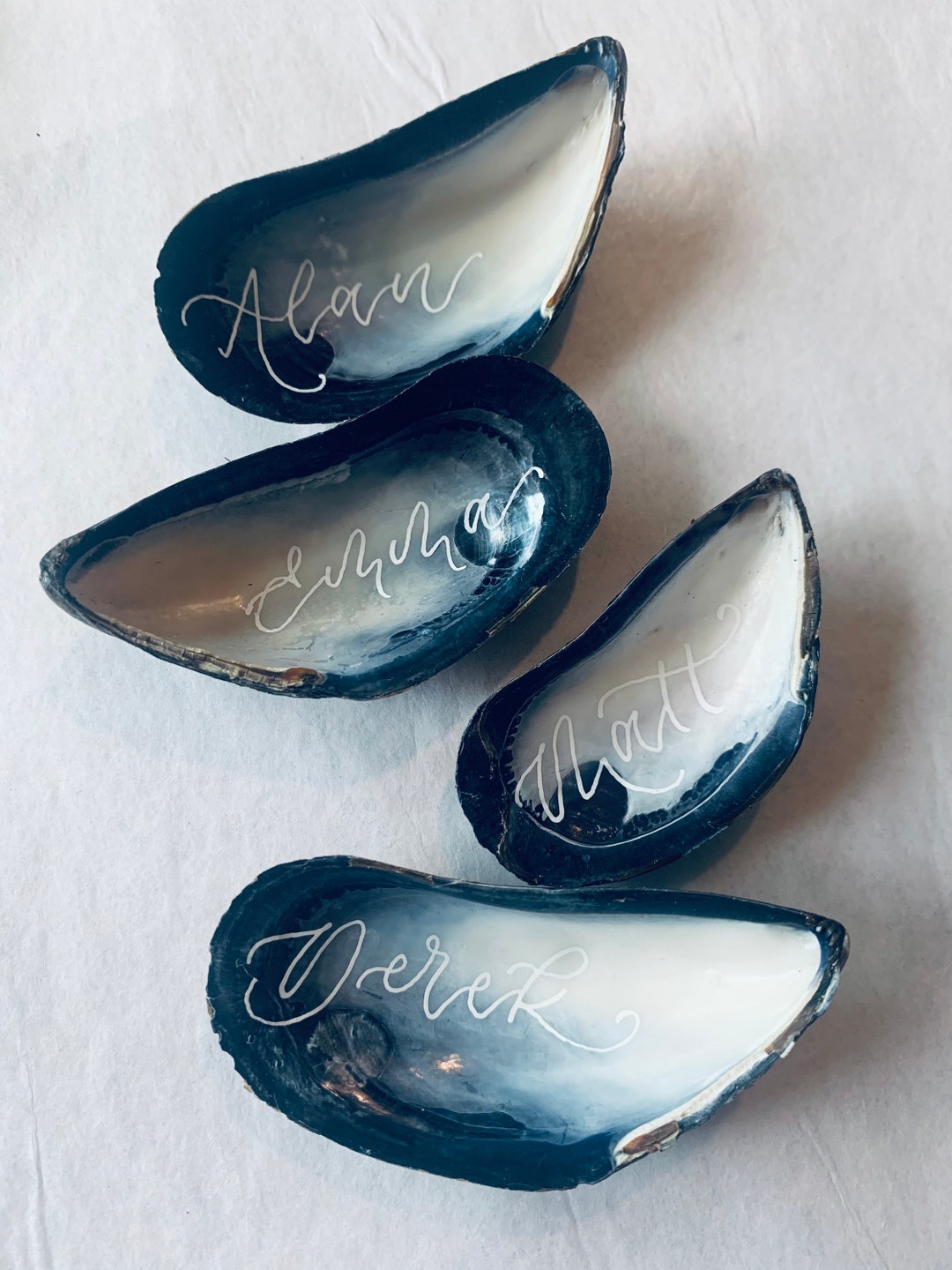 Shell Place Names, Unique Cornish Mussel Shell Place Cards. Calligraphy ...