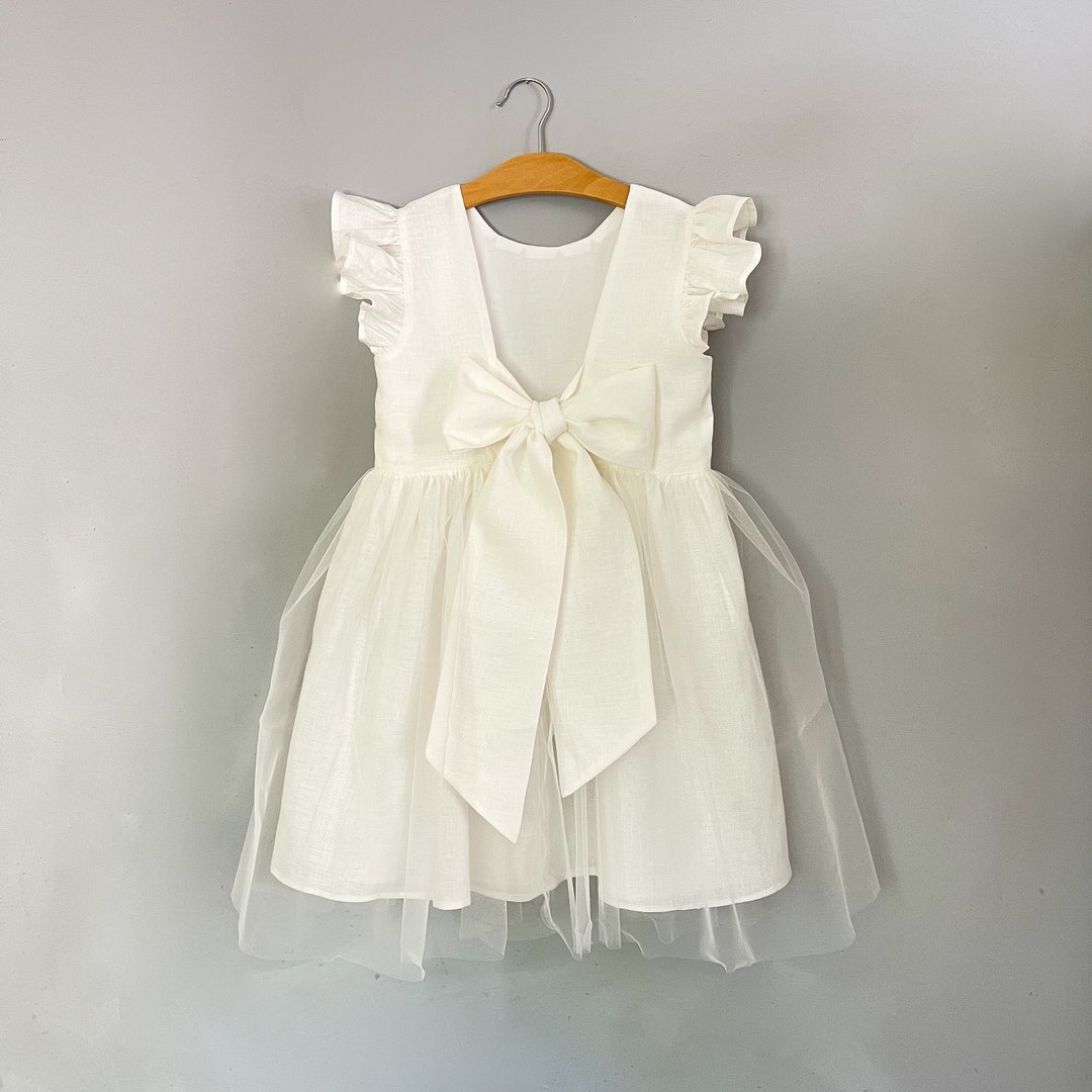 Milk Dress Baby Girl,natural Pure Linen Dress Savanna Flutter Sleeves ...