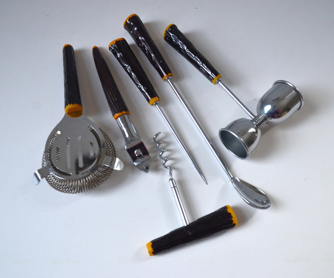Vintage Chrome and Faux Antler Craft Cocktail Bar Tool Set - 6 Piece ...