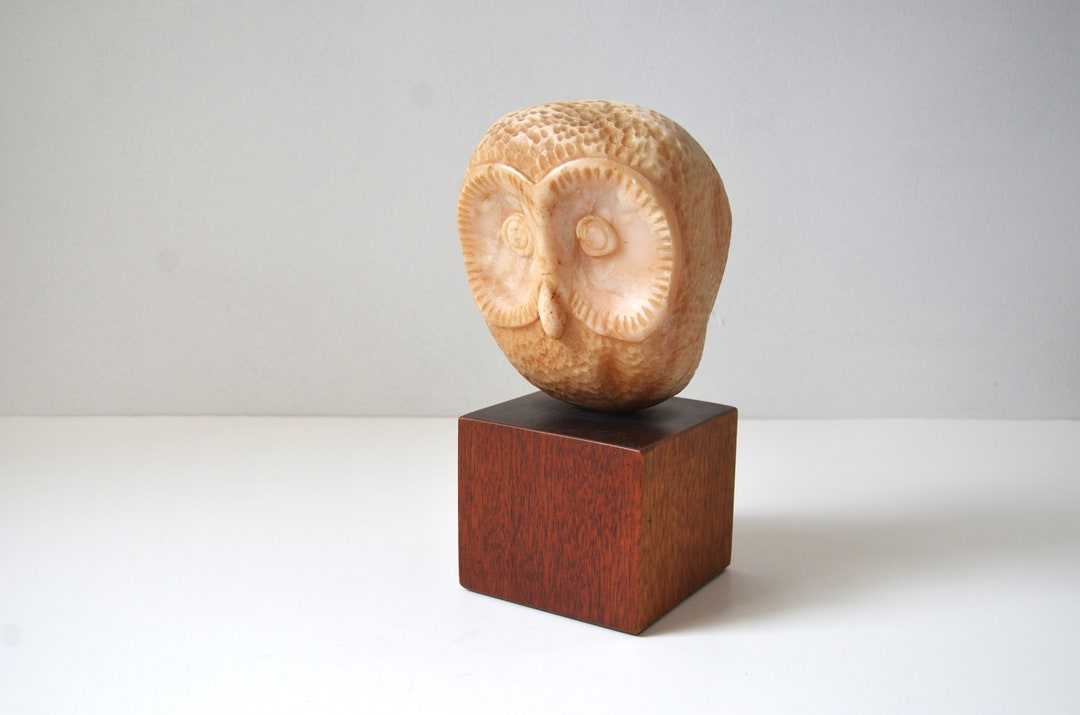 Vintage Hand Carved Stone Owl Sculpture on Wood Base, Signed Lawrence ...