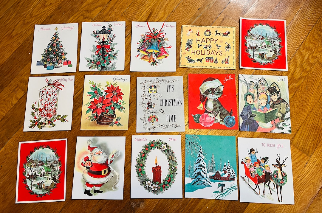 Vintage Mid Century Christmas Cards Santa Cat Bells Tree Candy Canes ...