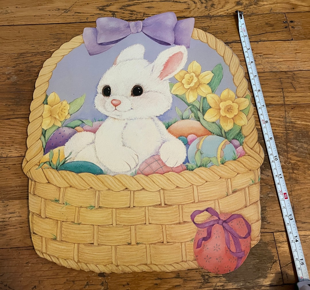 Vintage Easter Bunny Rabbit Basket Large Pastel Cardboard Die Cut ...