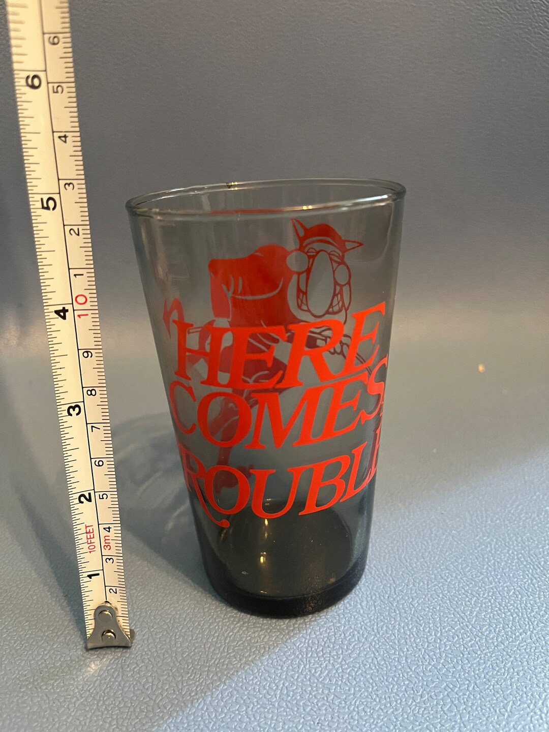 Vintage Tumbler Drinking Glass Here Comes Trouble Devil Pitchfork ...