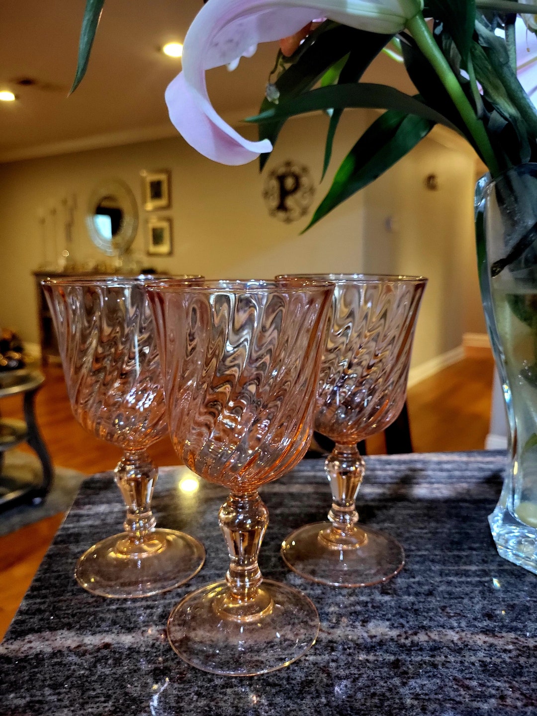 3 Pink Swirl Arocoroc France Roseline Blush Wine Glasses. Beautiful. I ...