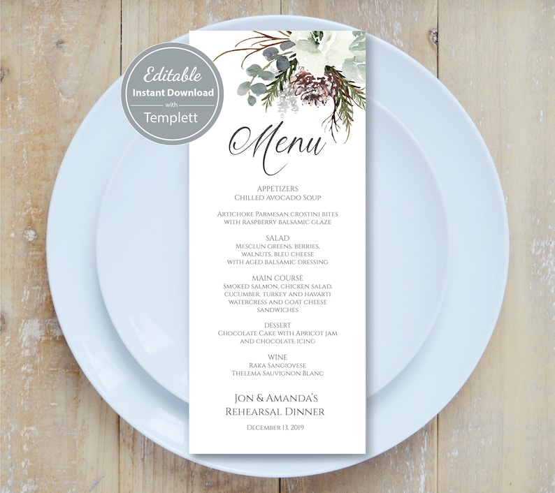 Winter Rehearsal Dinner Menu Invitation, Instant Download, Editable ...