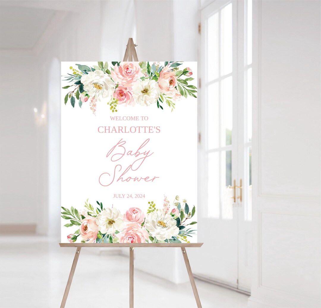 Pink Floral Baby Shower Welcome Sign, Digital File for Welcome Sign ...