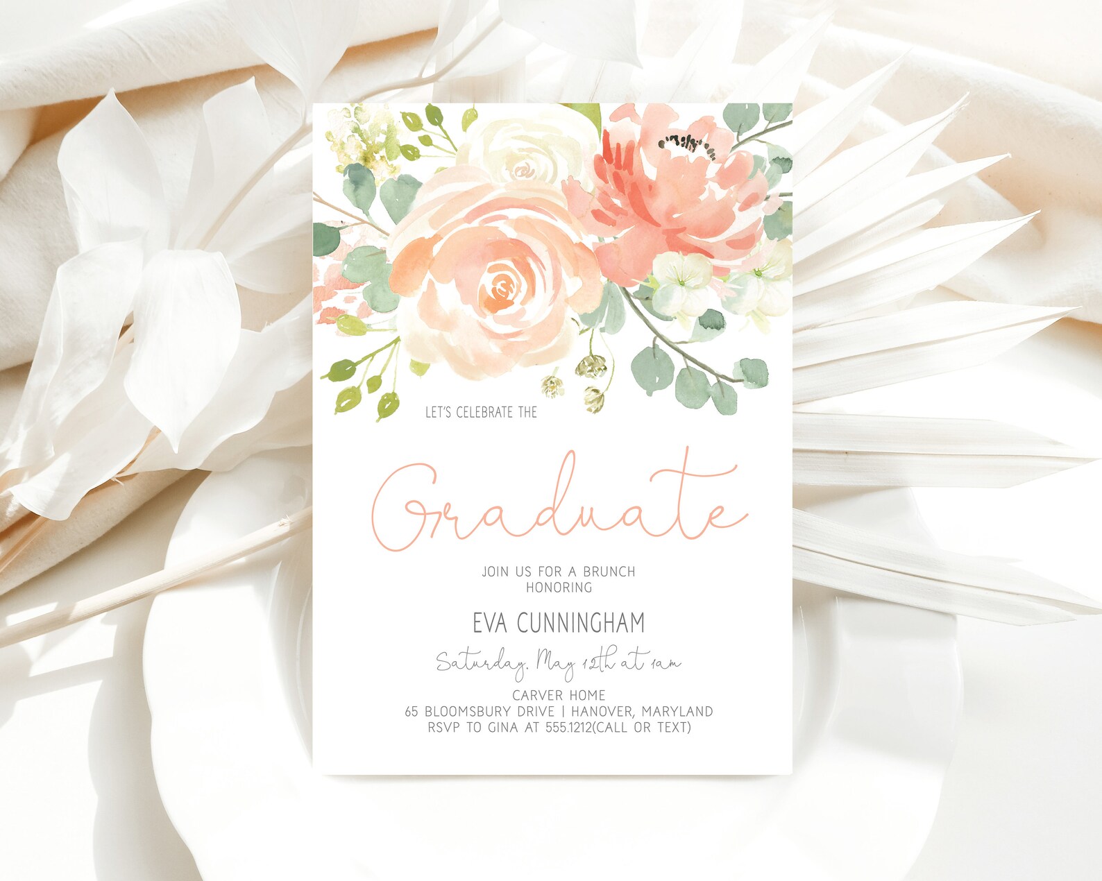 Graduation Brunch Invitation, Instant Download, Editable, Peach ...