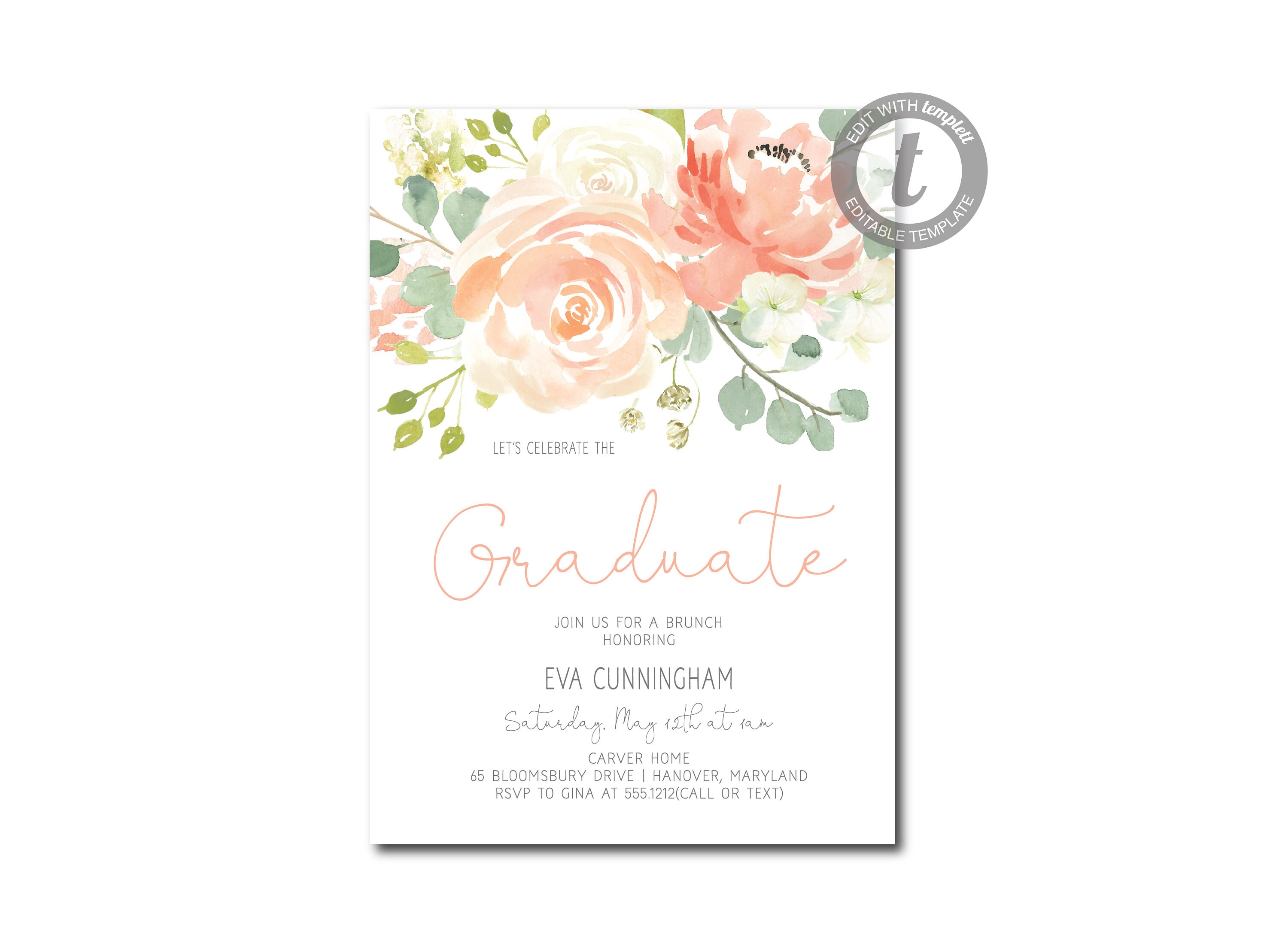 Graduation Brunch Invitation, Instant Download, Editable, Peach ...