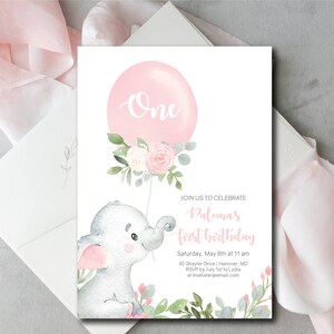Pink Elephant Birthday Party Invitation, Editable First Birthday Party ...