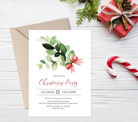 Greenery Christmas Party Invitation Instant Download | Etsy
