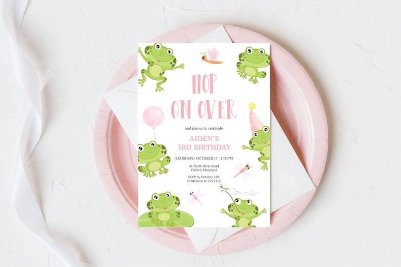 Pink Frog Birthday Party Invitation, Frog Birthday Invitation for a ...