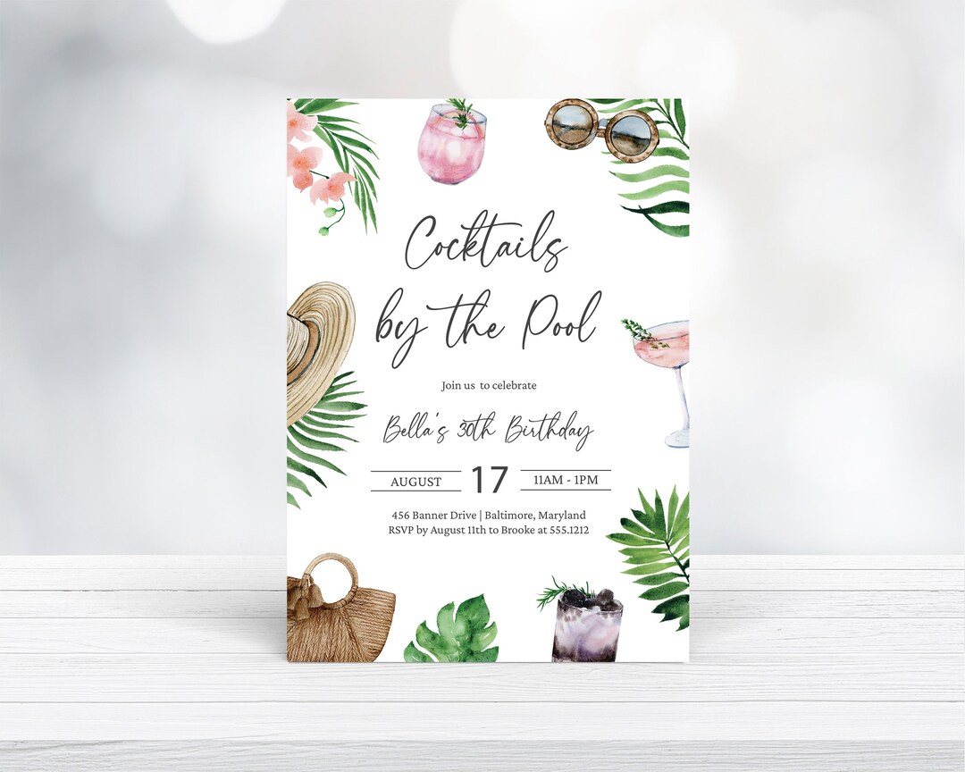 Cocktails by the Pool Digital Invitation, Summer Cocktail Party ...