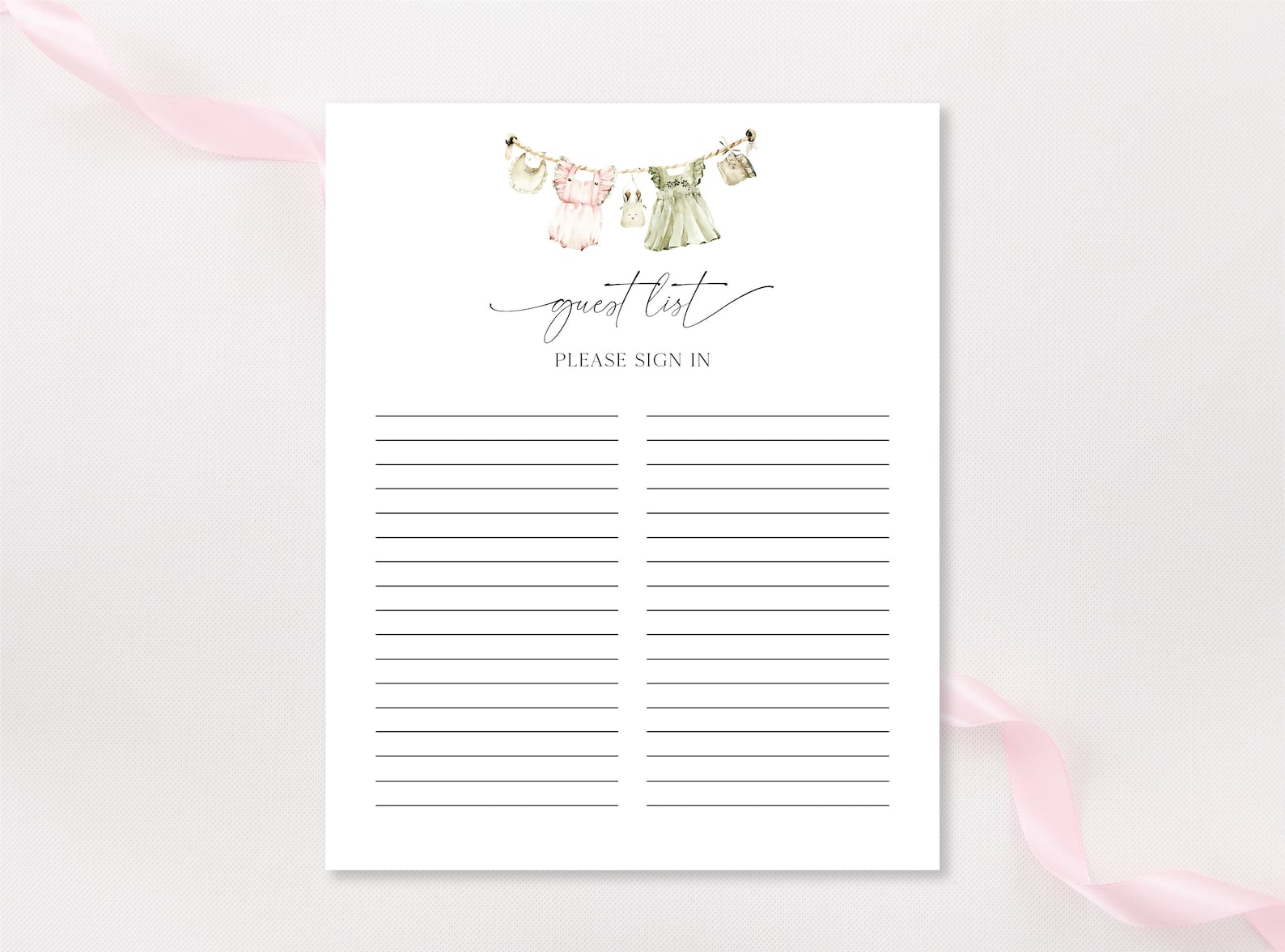 Girl Baby Shower Guest List Printable Sheet, Baby Clothes Shower Guest ...
