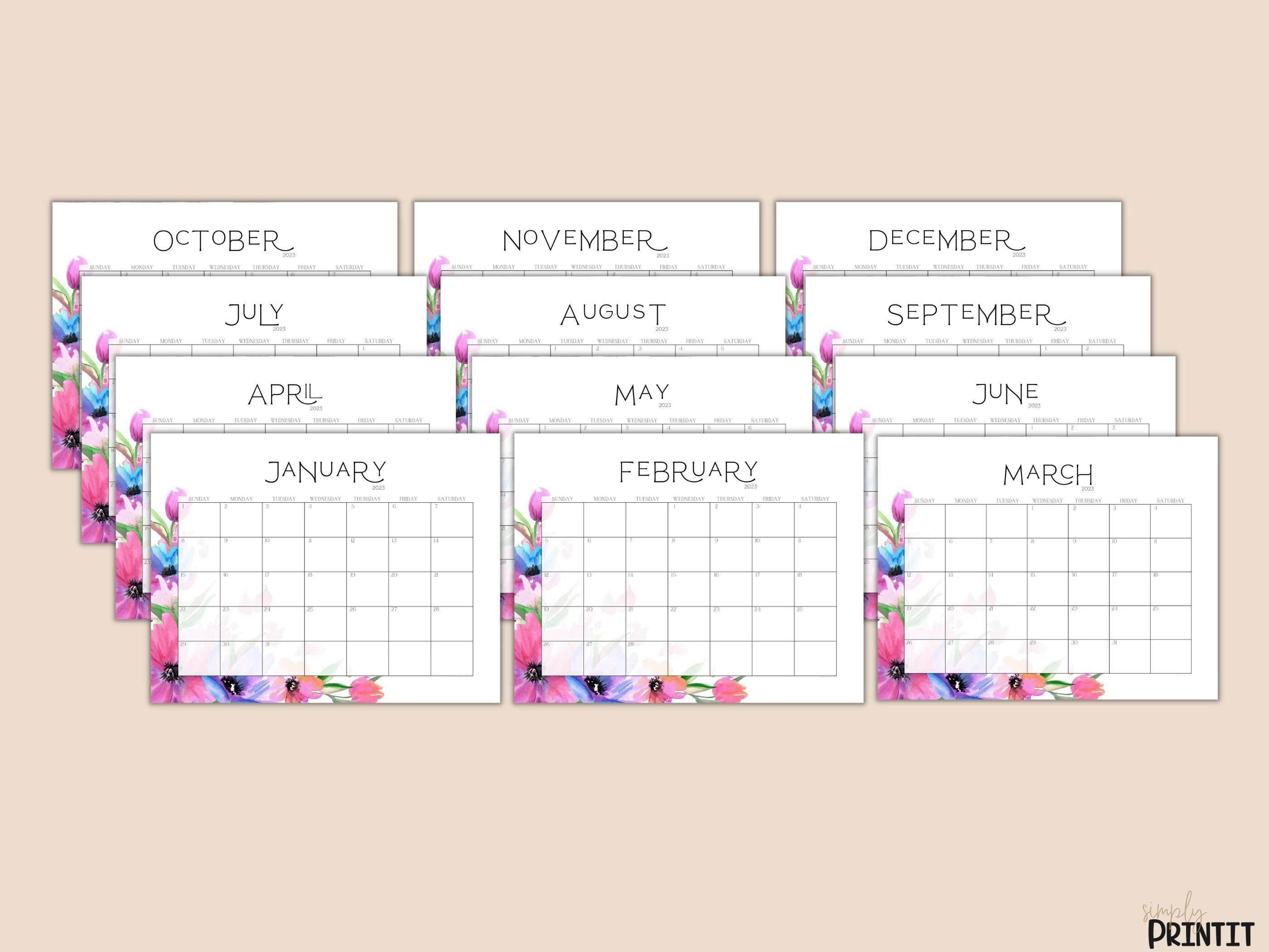 2023 Monthly Calendar, Printable Calendar, Watercolor Floral Calendar ...