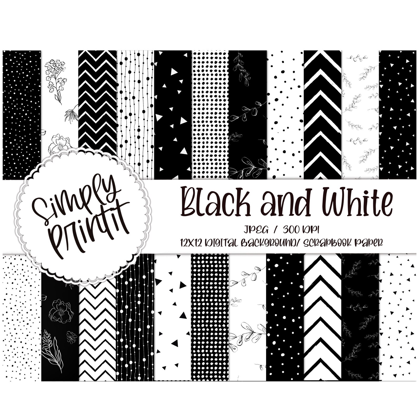 Digital Paper, PRINTABLE Black and White Digital Background, Black and ...