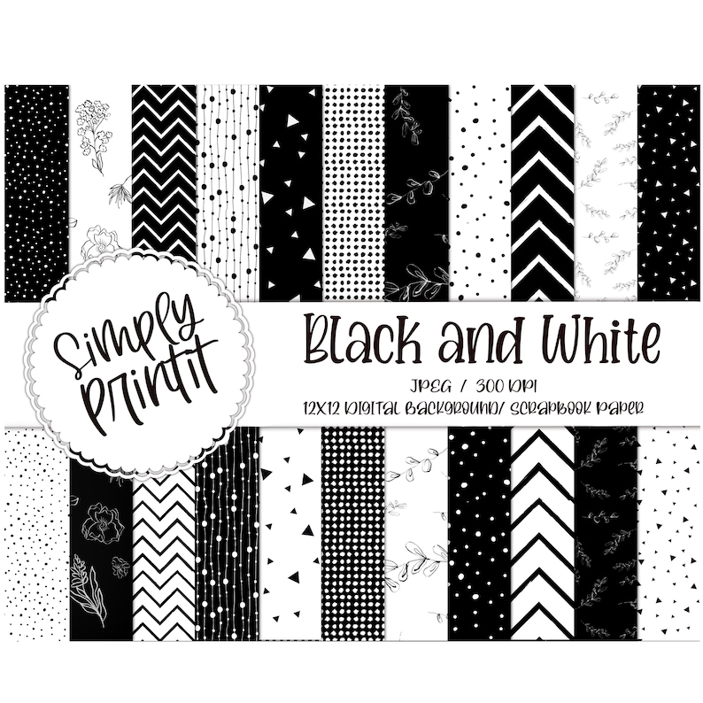 Digital Paper, PRINTABLE Black and White Digital Background, Black and ...