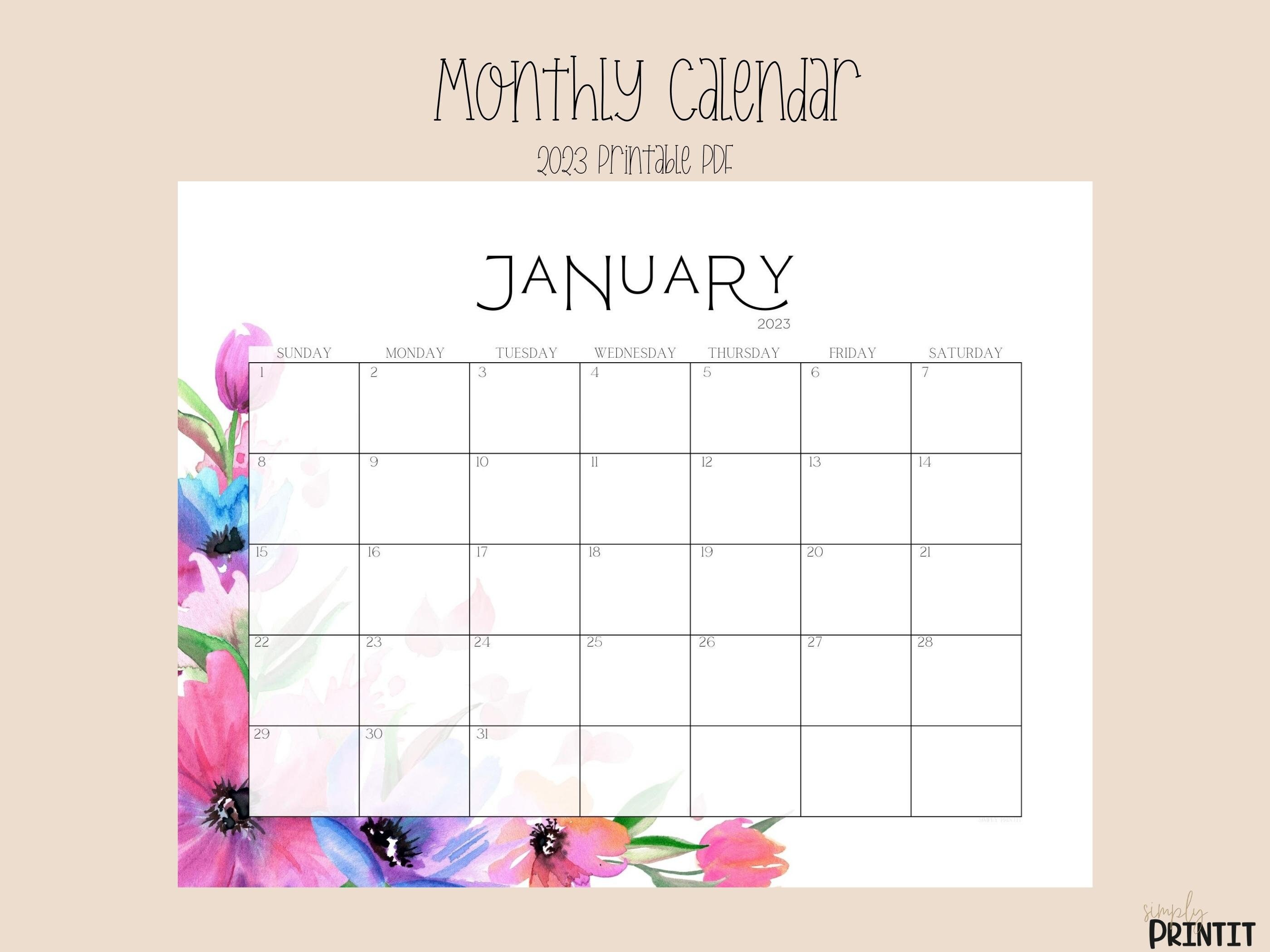 2023 Monthly Calendar, Printable Calendar, Watercolor Floral Calendar ...
